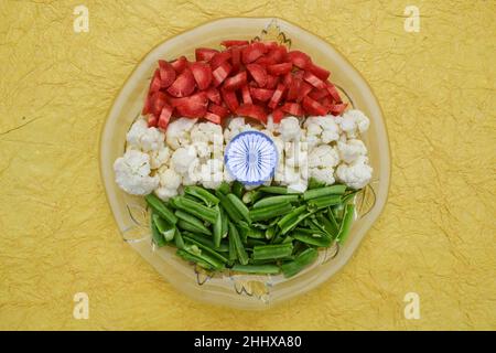India tricolor / tricolour food breakfast of spinach puri, carrot puri ...