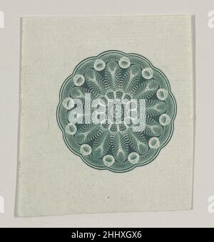 Banknote motif: small circular ornament containing floral lathe work ...