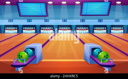 Bowling alley flat vector illustration. Cartoon empty bowling club ...