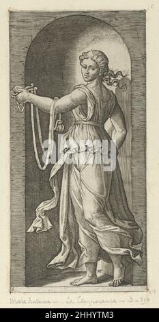 Temperance personfied by a woman standing in a niche holding a bit ...