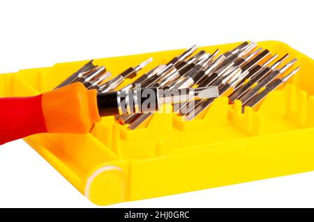 Set of screwdrivers tools instrument in yellow box Stock Photo - Alamy