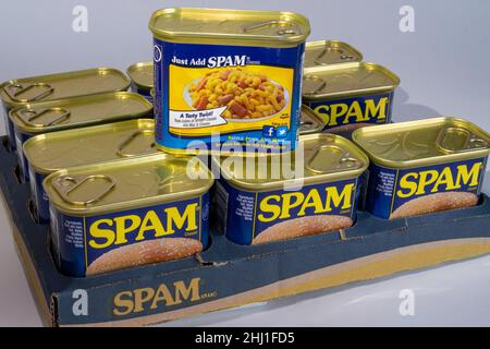 Spam a brand of canned precooked chopped pork shoulder with ham ...