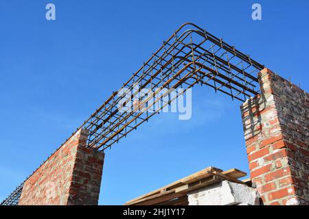 Lintel Construction. Rebar steel bars on new home construction corner ...