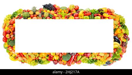 Rectangular wide frame of vegetables and fruits isolated on white ...