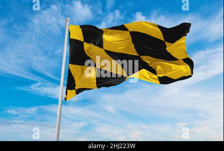 flag of Munich striped at cloudy sky background on sunset, panoramic ...