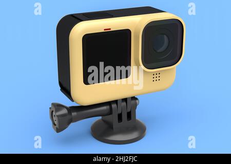 Photo and video lightweight yellow action camera with monopod on blue ...