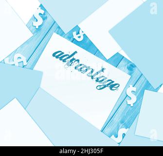 Advantage word on page and paper dollar signs around on wooden table ...