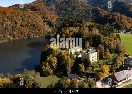 Drone shot, Krottensee with Huettenstein Castle and Schafberg, Winkl ...