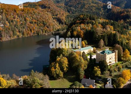 Drone shot, Krottensee with Huettenstein Castle and Schafberg, Winkl ...