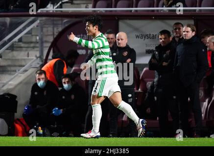 Celtic's Reo Hatate celebrates scoring their side's first goal of the ...