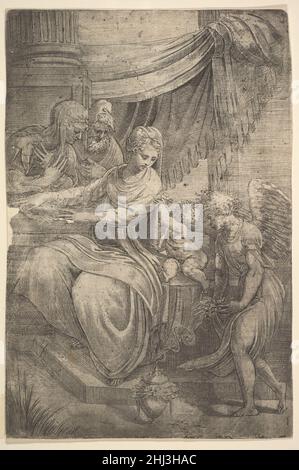 The Holy Family, an angel holding flowers approaching from the right ...