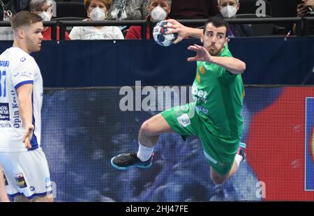 Milos Vujovic (Montenegro) against Iceland. EHF Euro 2022. Main Round ...