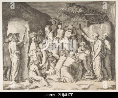 Moses at right telling the Israelites to gather the manna and at left ...