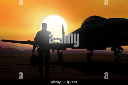 Military pilot on airfield walking away from the fighter jet Stock ...