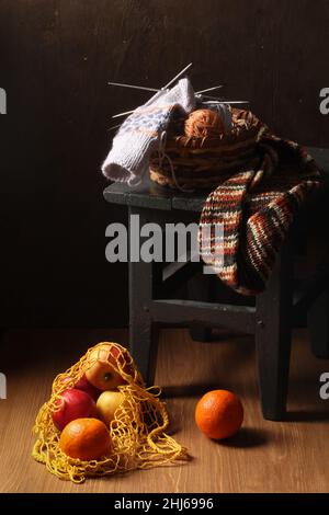 Vintage still life with with knitting items Stock Photo - Alamy