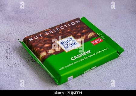 Kiev Ukraine - October 2021 CASHEW taste. Nut selection Chocolate ...