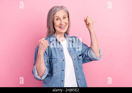 Photo of glad astonished lady wear knitted stylish clothes arm ...