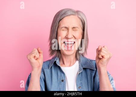 Photo of astonished cheerful lady wear violet stylish clothes shouting ...