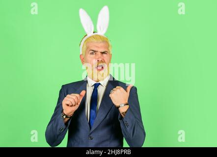 Funny boss. Easter activities for office. Businessman wear bunny ...