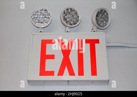 The flashing red security exit sign with three powerful lights Stock ...