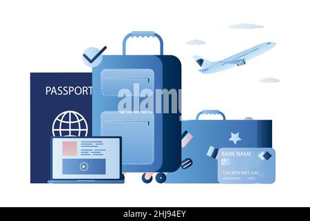 Travel accessories. Blue luggage, laptop, passport and smartphone with ...