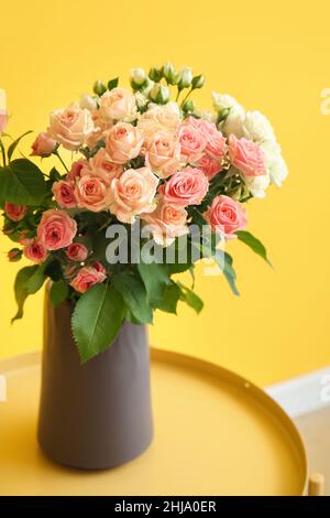 Elegant yellow pink small roses with green leaves, natural fresh chic ...