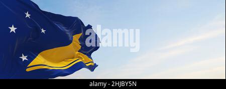official flag of Tokelau at cloudy sky background on sunset, panoramic ...
