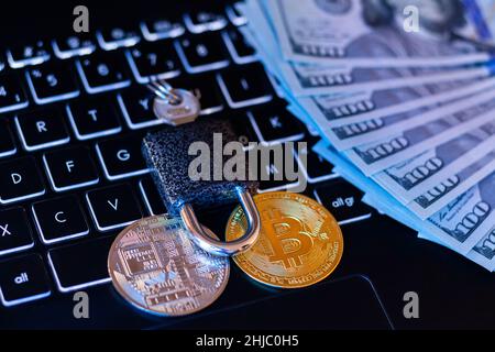 bitcoin with lock on laptop keyboard, bitcoin security cryptocurrency ...