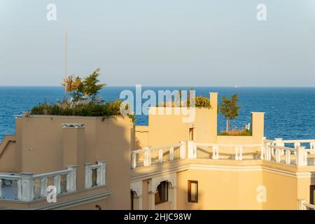 Bulgarian buildings at the Black Sea illuminated by the sunset Stock ...