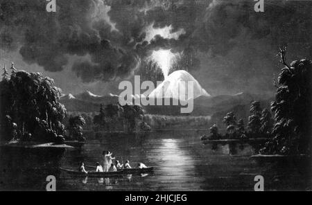 Native Americans on the Cowlitz River watching an eruption of Mount St ...