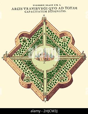 Colorized engraving showing the design of Tycho Brahe's Uraniborg palace-observatory and gardens ...