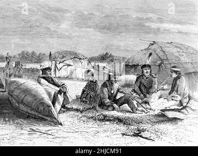 Native Americans in camp with birch-bark wigwams and canoe. Wood ...