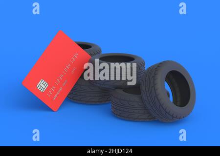 Tires near a credit card. The cost of replacing car wheels. Purchase ...