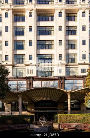 Rear entrance to the Savoy, a luxury hotel in London; designed by ...