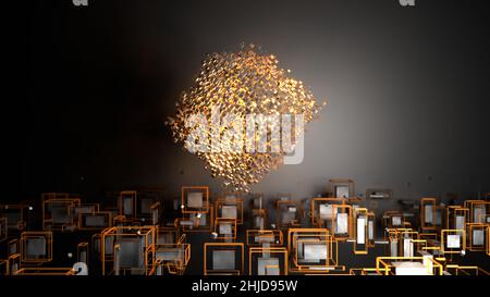 3d render. Abstract goldes geometric shapes. Cubes form big cube ...