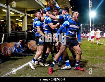 Bath Rugby's Will Muir celebrates scoring their side's first try of the ...