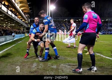 Bath Rugby's Max Ojomoh celebrates after the Gallagher Premiership ...