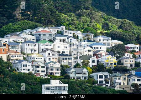 Traditional mid-century and earlier hillside homes make a residential pattern on city hillside ...