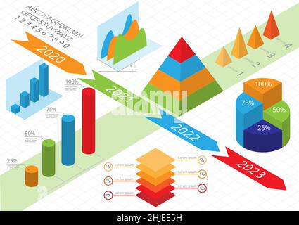 Isometric infographic. Rising chart, pie diagram and statistical data ...