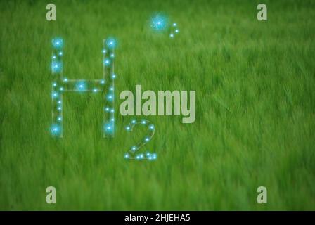 green meadow and h2 hydrogen letters for energy with green and blue ...