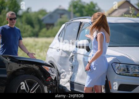 Drivers of smashed vehicles arguing who is guilty in car crash accident ...