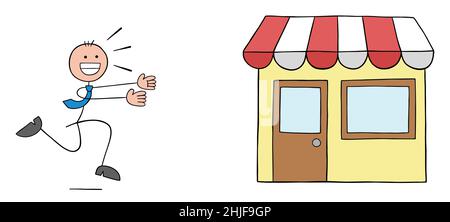 Stickman businessman is running the shopping cart, there are shopping ...