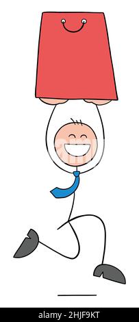 Stickman businessman is running the shopping cart, there are shopping ...