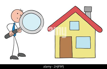 Stickman businessman holding magnifying glass and examining. Hand drawn ...