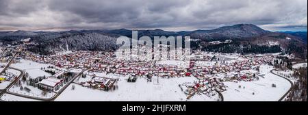 Croatia, Gorski kotar, town of Delnice in winter, panoramic view ...