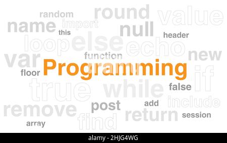 Programming gray color terms arranged around a title Script on a white ...