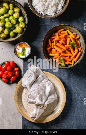 Empty blue plate and tablecloth on wooden table, flat lay top Stock ...
