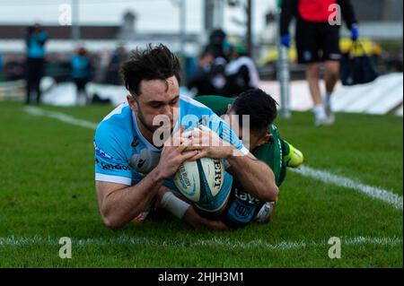 Glasgow Warriors' Rufus McLean scores the first try during the EPCR ...
