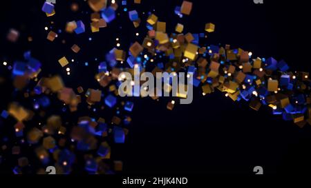 Cubic particles forming line on black background. Animation. Cubes of ...