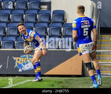Leeds Rhinos' Ash Handley scores a try during the Cameron Smith ...